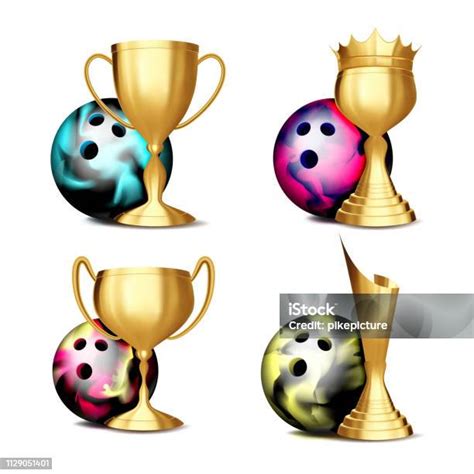 볼링 게임 수상 벡터를 설정 합니다 볼링 공 골든 컵입니다 현대 볼링 대회입니다 스포츠 프로 모션에 대 한 디자인입니다 증명서