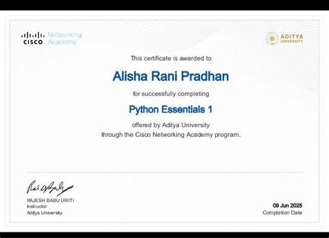Proud To Have Earned My Python Essentials 1 Certificate From Aditya University Which Is