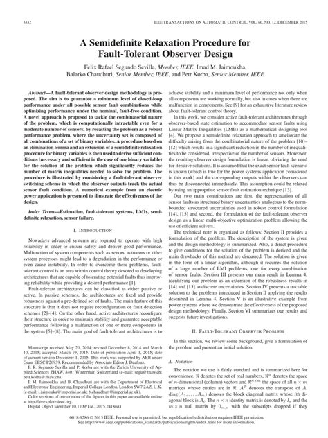 pdf a semidefinite relaxation procedure for fault tolerant observer