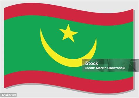 모리타니 벡터 그래픽의 깃발을 흔드는 모리타니 국기 그림을 흔들다 바람에 모리타니 국가 플래그 물결 모양은 자유와 독립의 상징이다 기에 대한 스톡 벡터 아트 및 기타 이미지