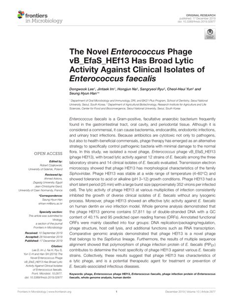 Pdf The Novel Enterococcus Phage Vb Efas Hef13 Has Broad Lytic Activity Against Clinical