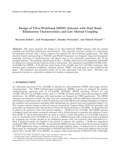 Pdf Design Of Ultra Wideband Mimo Antenna With Dual Band Elimination Characteristics And Low