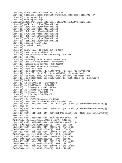 log file documenting a crash during loading of textures in grand theft