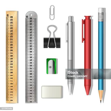 문구 세트 3d 개체 흰색 배경 벡터 클립 아트 그림에 격리 컬렉션 사무실 제공 항목 테이블 디자인 모형 샤프 연필에 대한 스톡