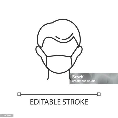 일회용 의료 마스크 선형 아이콘입니다 감기 전염성 질환 호흡기 문제 의료 종사자 가는 선 그림입니다 등고선 기호입니다 벡터 절연
