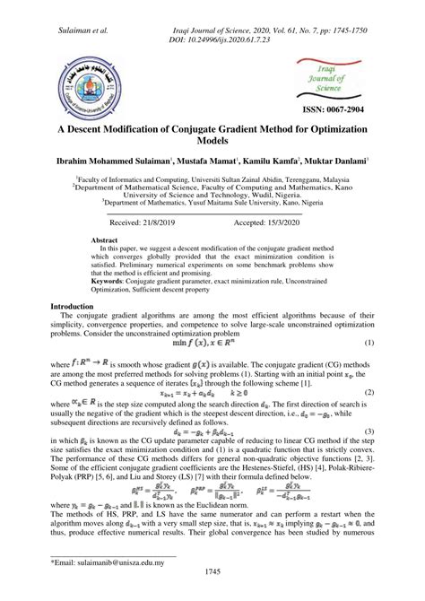 Pdf A Descent Modification Of Conjugate Gradient Method For