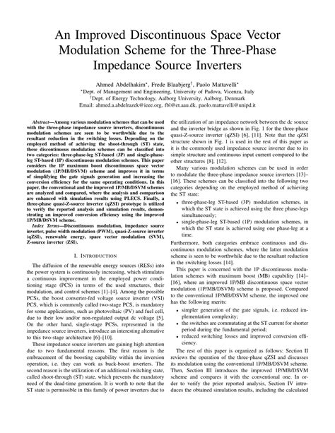 Pdf An Improved Discontinuous Space Vector Modulation Scheme For The