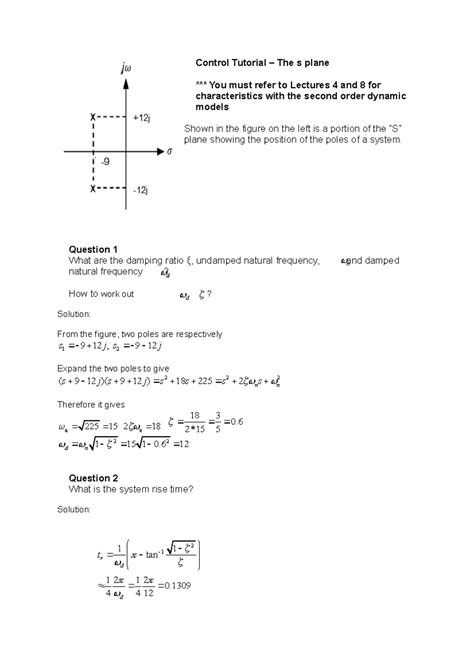 Tutorial Solutions Control Tutorial The S Plane You Must Refer To Lectures And