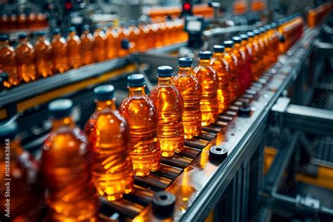 Overhead Shot Of A Bottling Plant S Automated Line Filling And Capping Bottles Of Beverages With