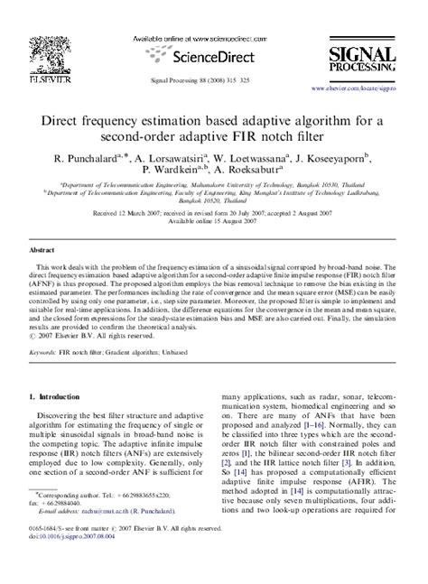 Pdf Direct Frequency Estimation Based Adaptive Algorithm For A Second Order Adaptive Fir Notch