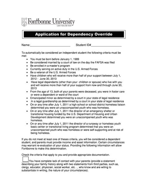 Fontbonne University Application For Dependency Override Form Fill