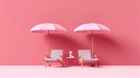 분홍색 벽 해변용 의자 및 우산을 사용한 3d 렌더링 최고의 여름 분위기 완벽한 단순성 완벽한 여름 배경 홍색 배경