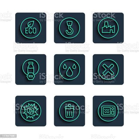 세트 라인 폭탄 폭발 쓰레기통 전자 레인지 공장 생산 물방울 유당 무료 잎 에코 기호 및 X 마크 원 아이콘의 십자가 벡터 가정 생활에 대한 스톡 벡터 아트 및 기타 이미지