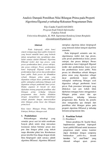 Pdf Analisis Dampak Pemilihan Nilai Bilangan Prima Pada Properti Algoritma Elgamal P Terhadap