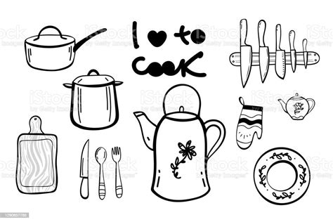 쿡의 도구와 아이템 세트를 낙서합니다 손으로 그린 디자인 요소 요리용 아이템이 있는 벡터 일러스트레이션입니다 칼 접시 팬 컵 주전자 숟가락 프라이팬 블랙 화이트 강판에 대한