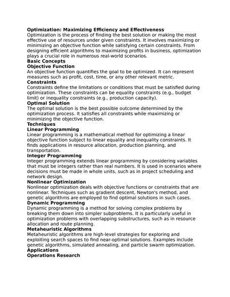 Optimization Lecture Notes Optimization Maximizing Efficiency And