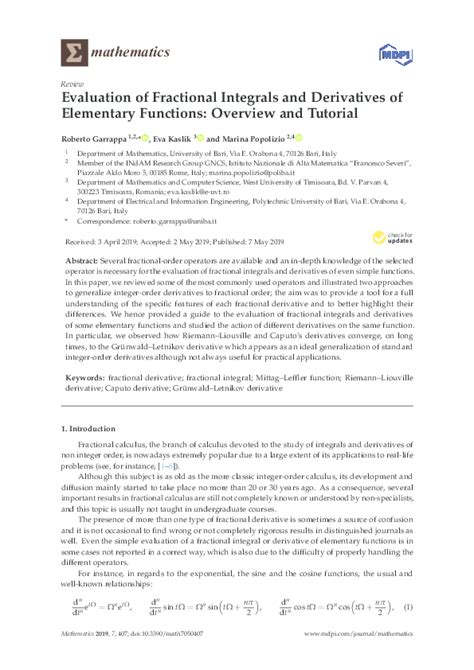 Pdf Evaluation Of Fractional Integrals And Derivatives Of Elementary Functions Overview And