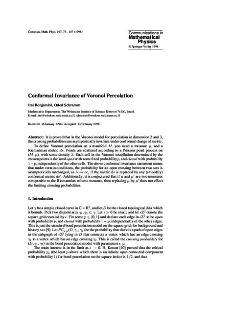 Pdf Conformal Invariance Of Voronoi Percolation