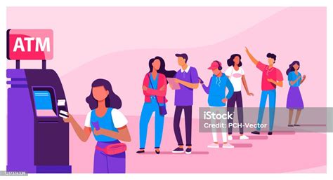 Atm을 사용하기 위해 서 있는 사람들의 대기열 현금 자동 입출금기에 대한 스톡 벡터 아트 및 기타 이미지 현금 자동 입출금기 줄서서 기다림 신용 카드 Istock