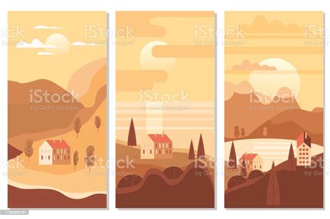 가을 풍경 바다 바다 건물 언덕과 나무 산 은 트렌디 한 최소한의 기하학적 플랫 스타일에 호수 태양 벡터 분리 된 수직 소셜 미디어 이야기 배너 포스터 템플릿 0명에 대한