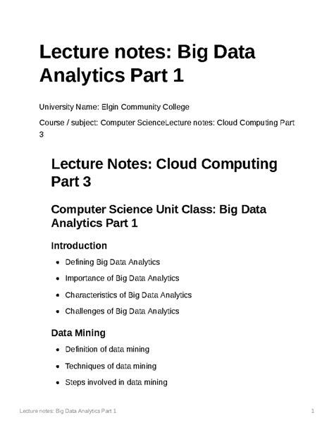 Lecture Notes Big Data Analytics Part 1 Lecture Notes Big Data