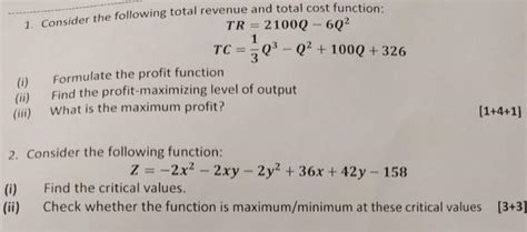 Solved 1 Consider The Following Total Revenue And Total