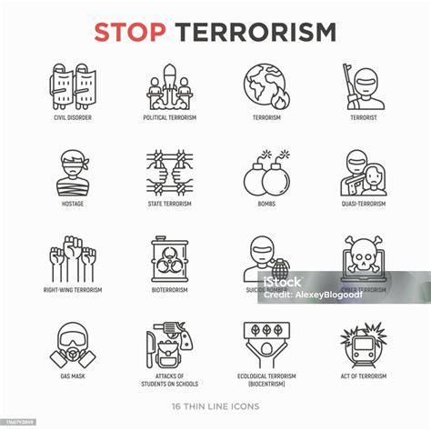 테러 시민 장애 국가 군대 인질 폭탄 사이버 공격 자살 폭격기 불법 투옥 생물 테러 테러 얇은 라인 아이콘 세트를 중지합니다 현대 벡터 그림입니다 테러리즘에 대한 스톡 벡터