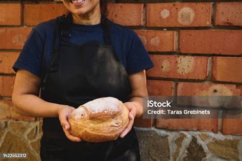 통곡물 수제 갈색 둥근 사워도우 빵 한 덩어리에 초점을 맞추고 검은 요리사의 앞치마를 입은 여성 제빵사의 손에 집중하십시오 건강한 식생활에 대한 스톡 사진 및 기타 이미지