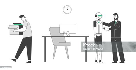 로봇은 사람이 아닌 직장에서 왔습니다 남자는 해고하고 사무실에서 던져 사이보그는 인간을 일자리에서 쫓아냈다 인공 지능 지배 개념