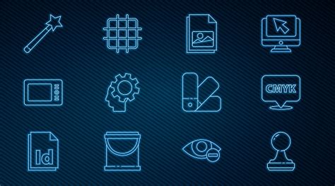 라인 스탬프 텍스트 Cmyk가 있는 말풍선 그림 풍경 내부 인간 헤드 기어 그래픽 태블릿 마술 지팡이 색상 팔레트 가이드 및 그리드 그래프 용지 아이콘을 설정합니다 벡터