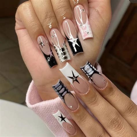 Babablal Long Press On Nails Black Fake Nails Square Glue On Nails Pink
