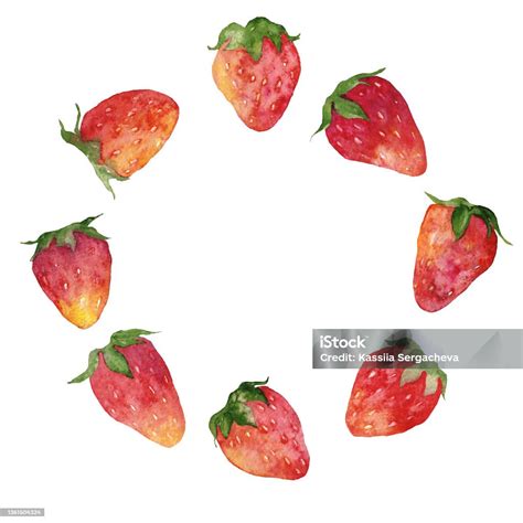 딸기 수채화 라운드 프레임 복사 공간이 있는 흰색 배경에 격리된 수동 그리기 그림입니다 원 테두리에 붉은 베리 여름 디자인 딸기에 대한 스톡 벡터 아트 및 기타 이미지