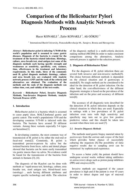 Pdf Comparison Of The Helicobacter Pylori Diagnosis Methods With Analytic Network Process