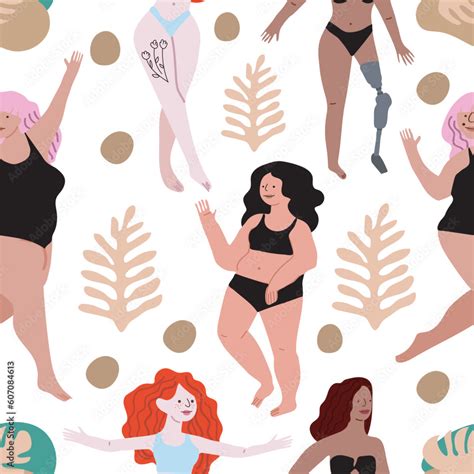 Semless Pattern Cute Girls Body Positive Movement And Variety Of Beauty Flat Illustration
