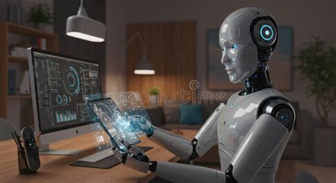 advanced ai robot working on futuristic interface stock image image