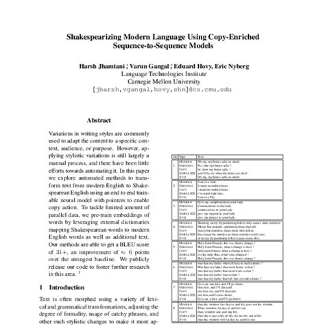 Shakespearizing Modern Language Using Copy Enriched Sequence To Sequence Models Acl Anthology