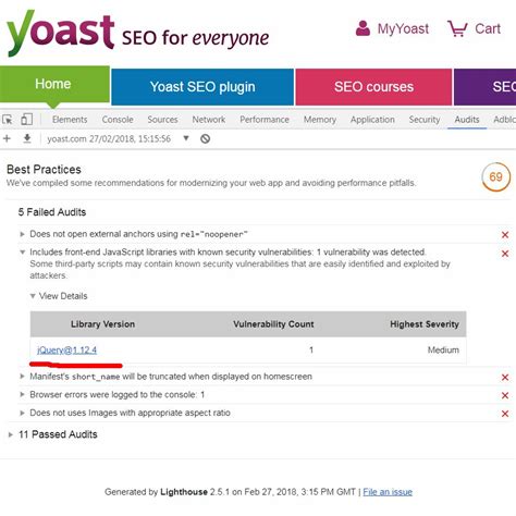 Lighthouse Warning Includes Front End Javascript Libraries With Known