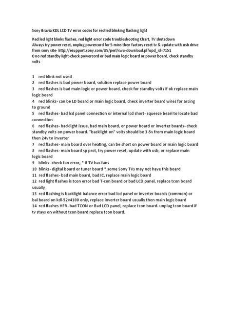 Sony Bravia Kdl Lcd Tv Error Codes For Red Led Blinking Flashing Light Pdf