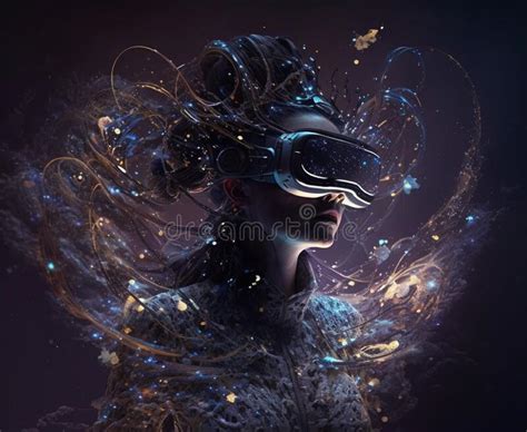 Young Woman Wearing Vr Headset And Experiencing Virtual Reality Simulation Metaverse And
