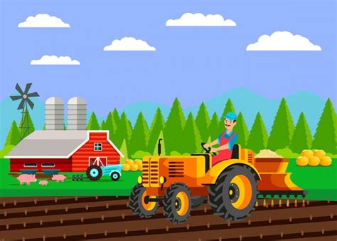 Premium Vector Tractor Seeding Field Flat Vector Illustration