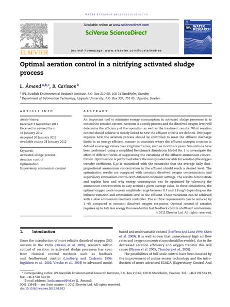 Optimal Aeration Control In A Nitrifying Activated Sludge Process Pdf