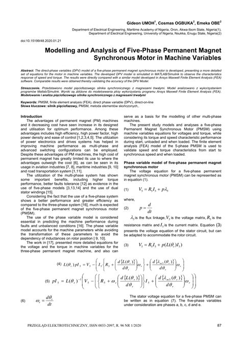 Pdf Modelling And Analysis Of Five Phase Permanent Magnet Synchronous Motor In Machine Variables