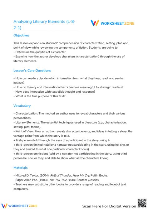 Analyzing Literary Elements L 8 2 1 Lesson Plan