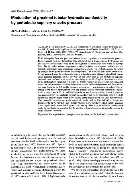 Pdf Modulation Of Proximal Tubular Hydraulic Conductivity By Peritubular Capillary Oncotic
