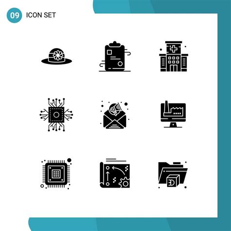 User Interface Pack Of 9 Basic Solid Glyphs Of Advertisement Processor Healthcare Microchip Chip