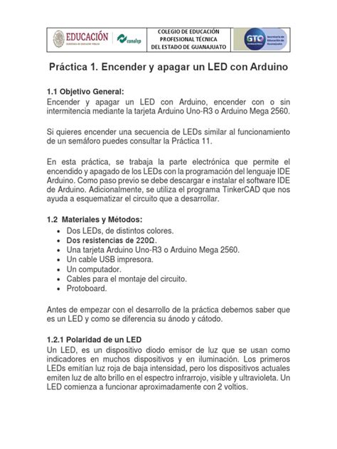 Práctica 1 Encender Y Apagar Un Led Con Arduino Pdf Diodo Emisor