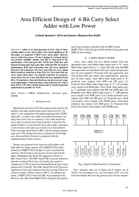 Pdf Area Efficient Design Of 4 Bit Carry Select Adder With Low Power