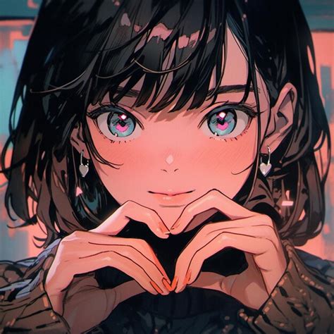 Аниме девушка с черными волосами и голубыми глазами делает сердце руками генеративный ай
