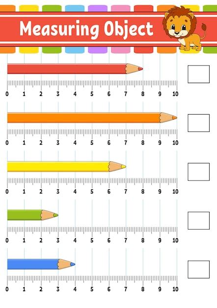 눈금자로 측정 개체 교육 개발 워크시트 어린이용 게임 색상 활동 페이지 프리미엄 벡터