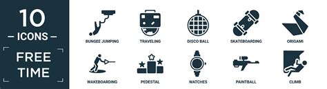 채워진 자유 시간 아이콘 세트입니다 플랫 번지 점프 여행 디스코 볼 스케이트 보드 종이 접기 웨이크 보드 받침대 시계 페인트 볼